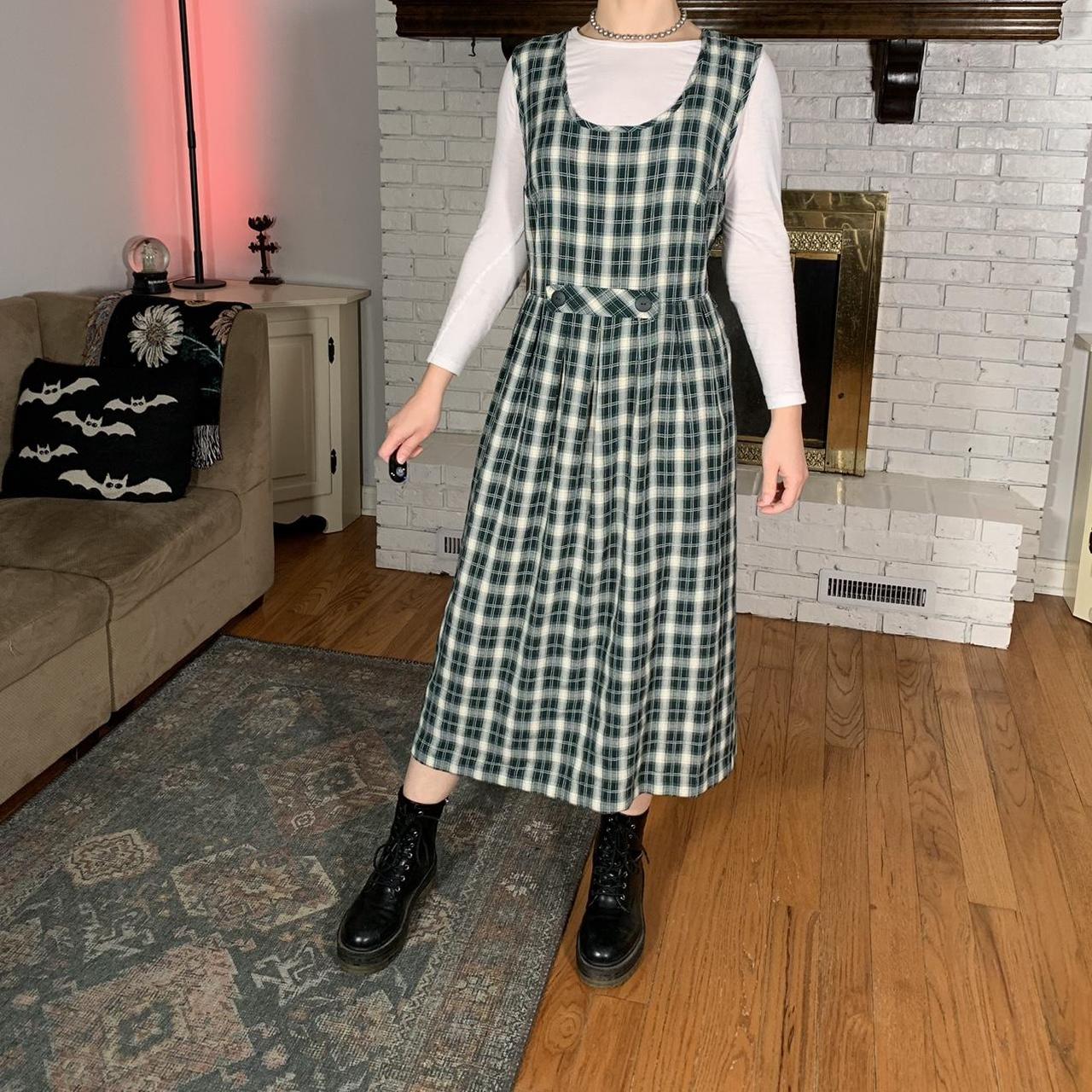 Vintage 90s Green Plaid Pinafore Maxi Dress. Size... - Depop