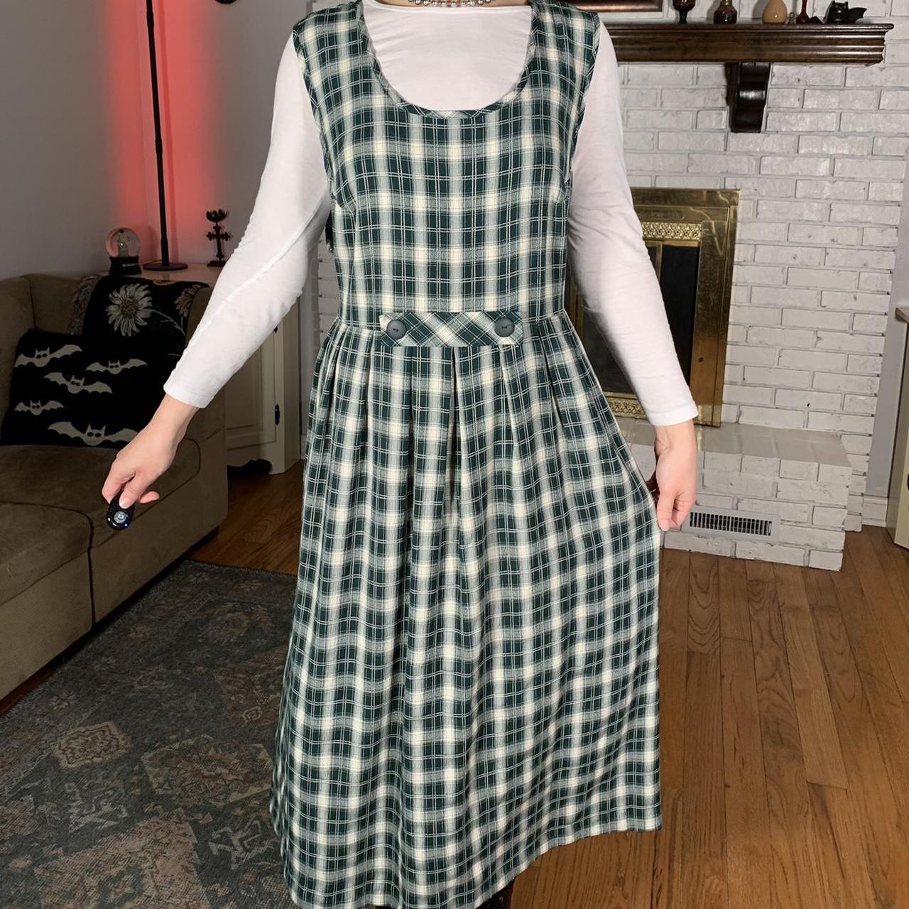 Vintage 90s Green Plaid Pinafore Maxi Dress. Size... - Depop