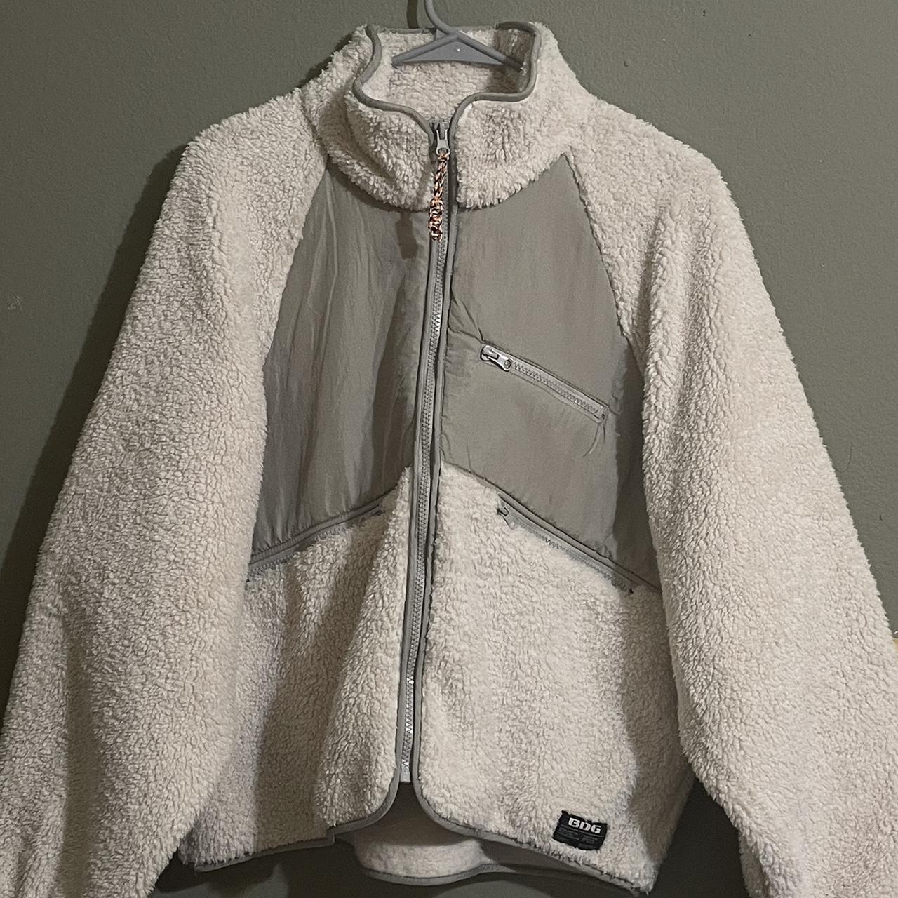 BDG Urban Outfitters Cozy Fleece Zip Up Cream & Grey... - Depop