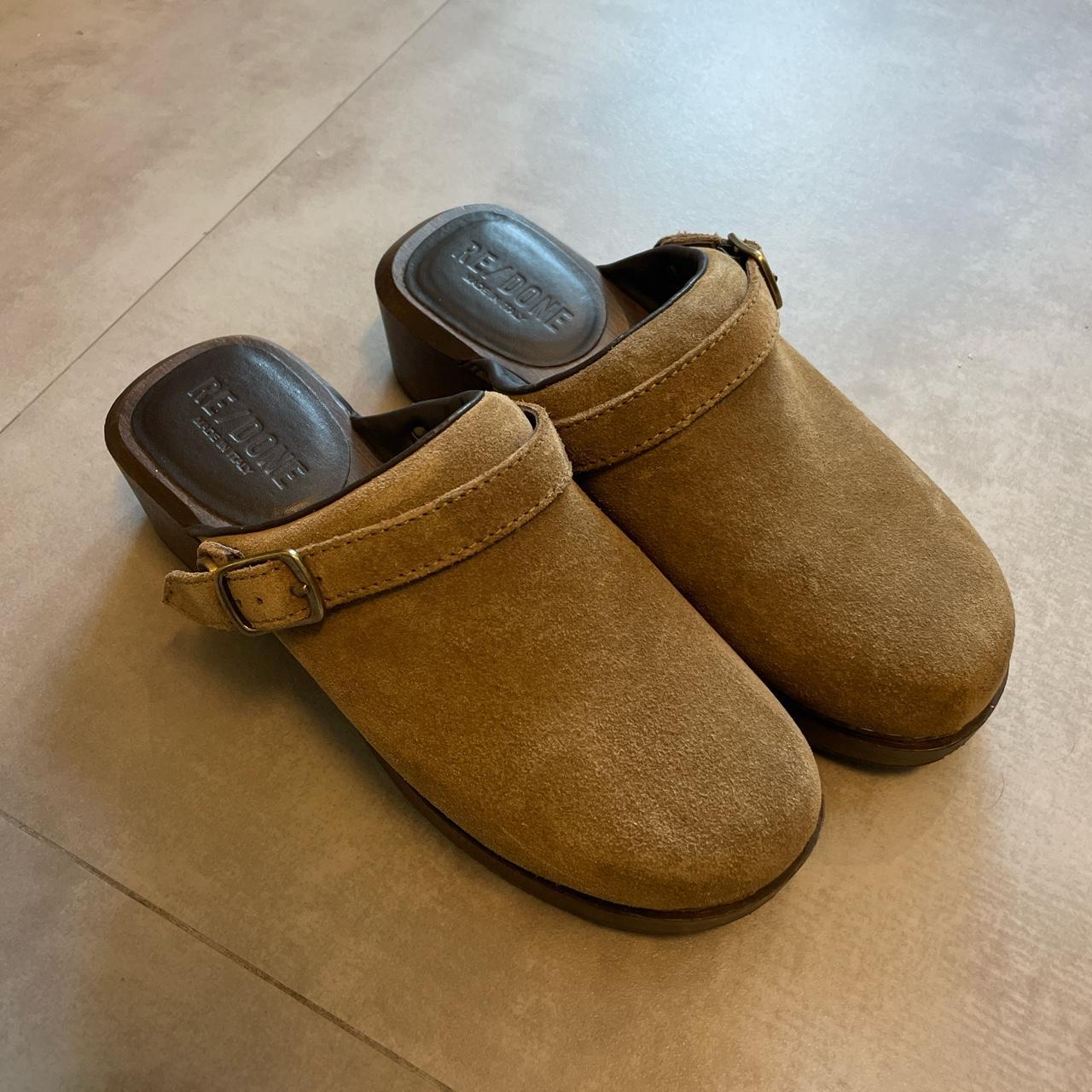 Re/Done taupe suede wooden classic 70s clog 36, us 6... - Depop