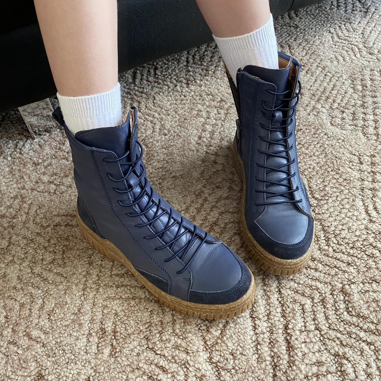 Navy blue leather high top sneakers with rubber sole... | Depop