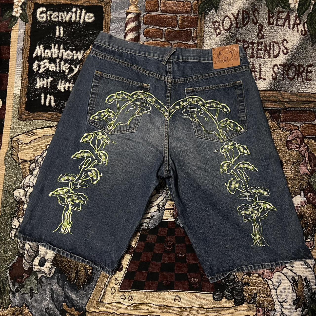 - baggy loose wide leg embroidered evisu jean shorts... - Depop