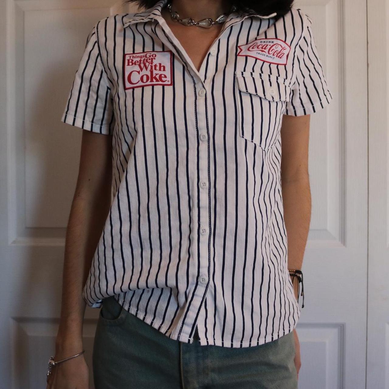 Coca cola shirt. Navy stripes with coca cola design.... - Depop