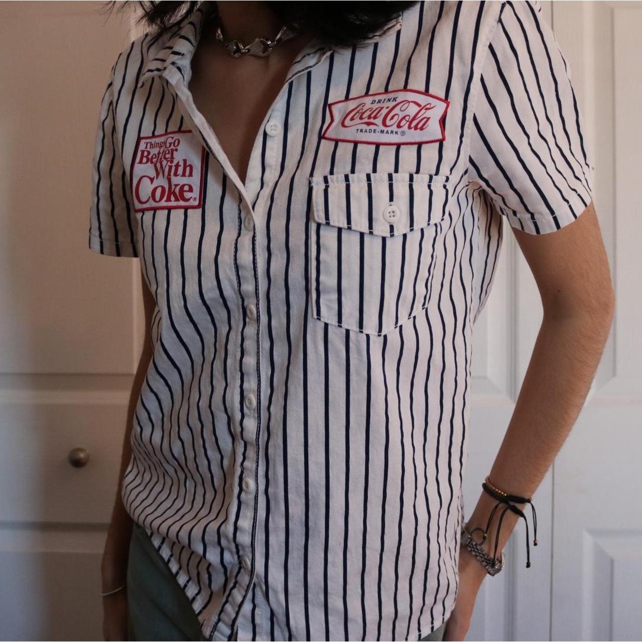 Coca cola shirt. Navy stripes with coca cola design.... - Depop