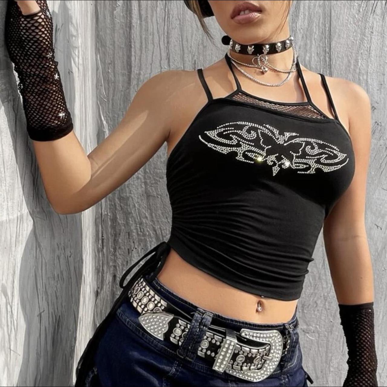 goth rhinestone tank top !! good condition only... - Depop
