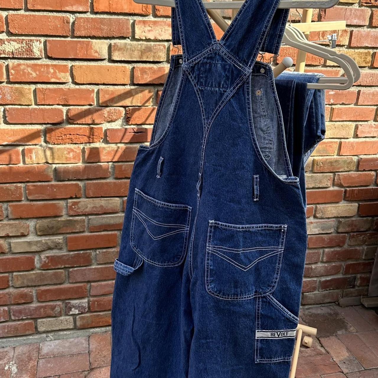 Vintage Revolt Overalls Denim blue with pink and... - Depop