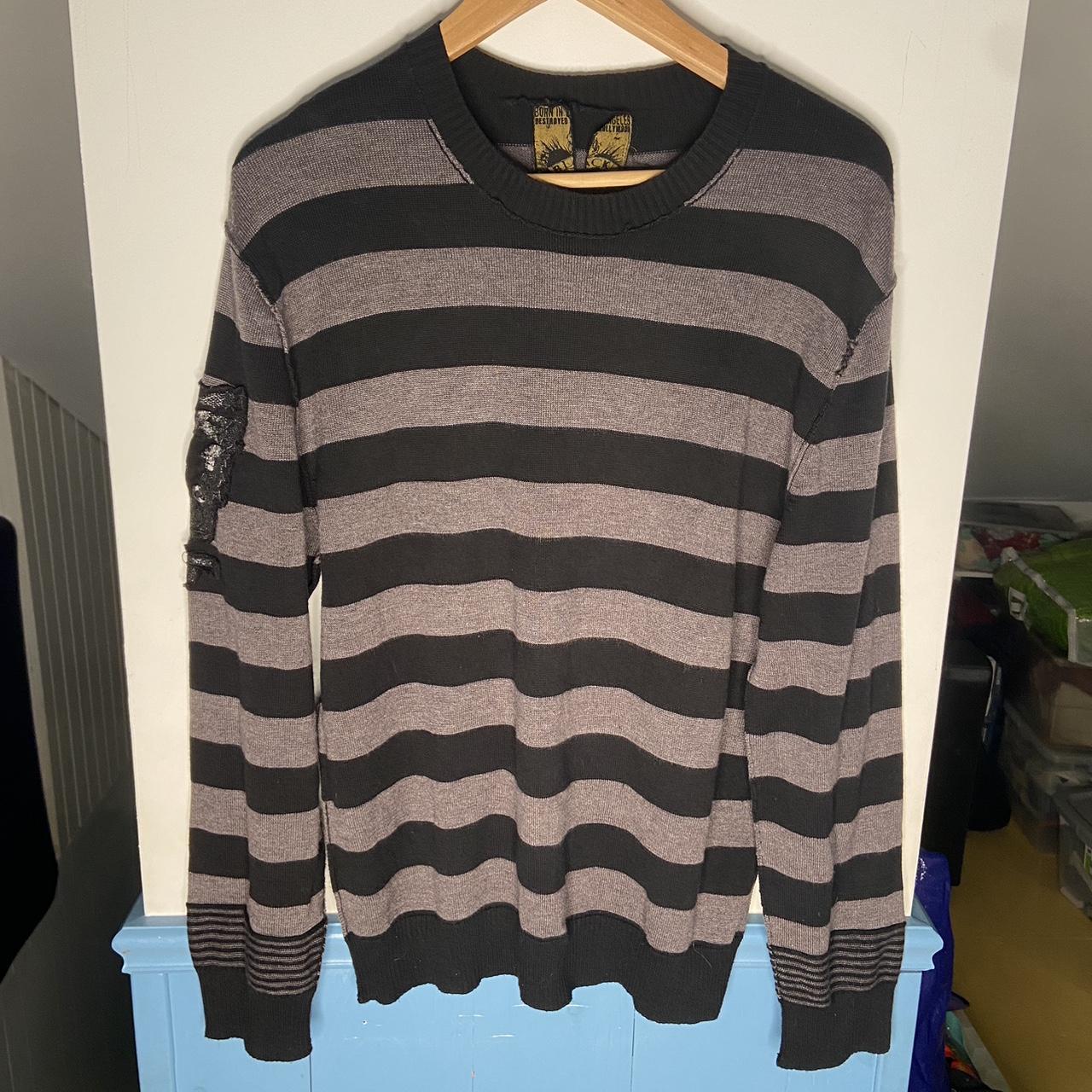 Black and grey striped jumper with patches on the... - Depop