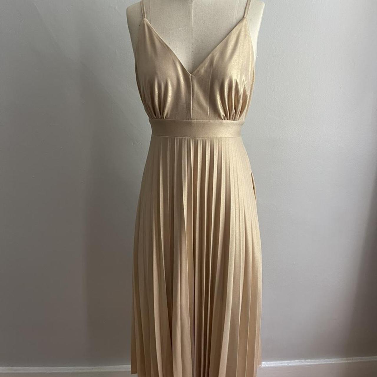 Gold pleated midi dress with waist tie. Brand:... - Depop