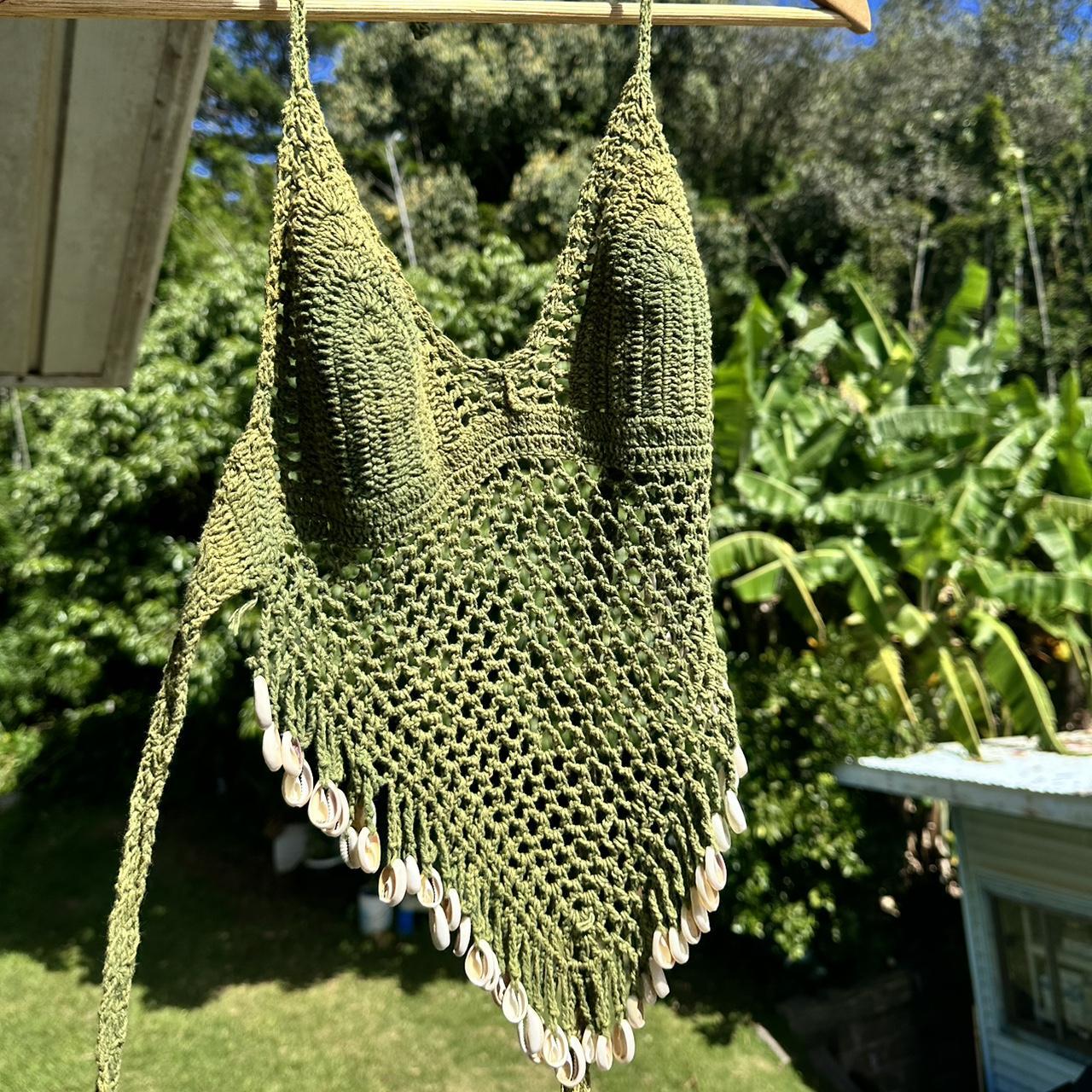 Green Crochet Shell Top Small Good Condition - sun... - Depop