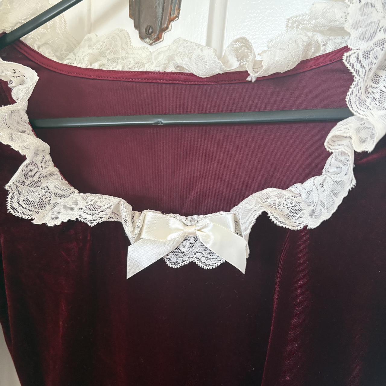 Velvet dark red mini dress with lace detailing.... | Depop