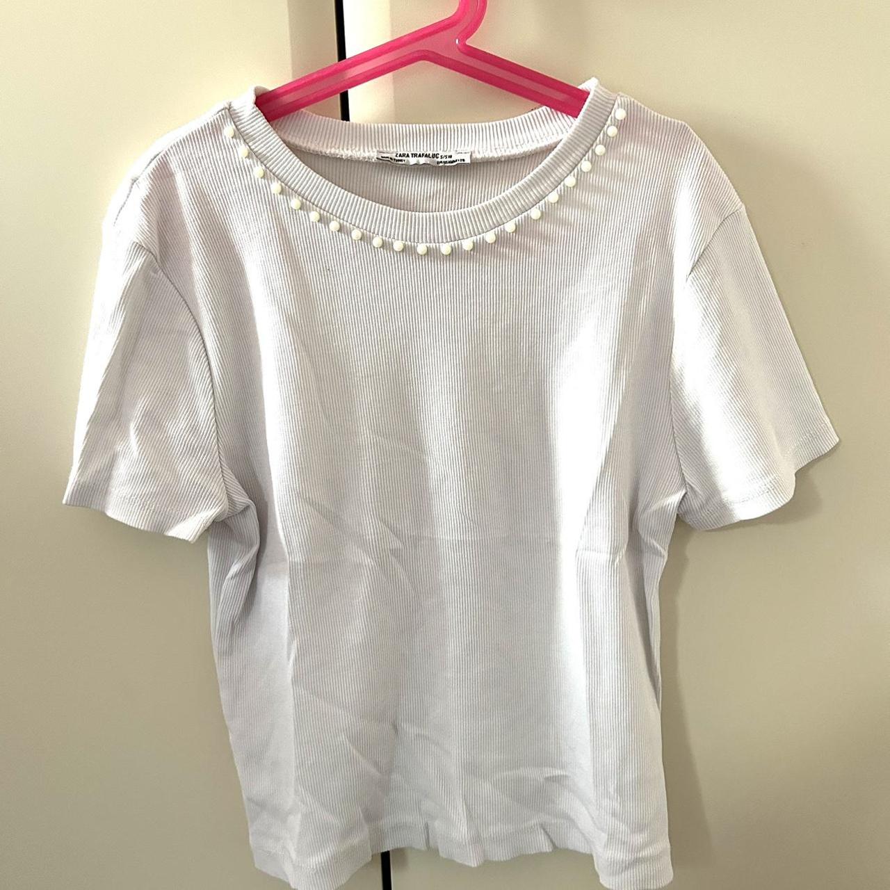 zara white shirt with pearl details worn few times... - Depop