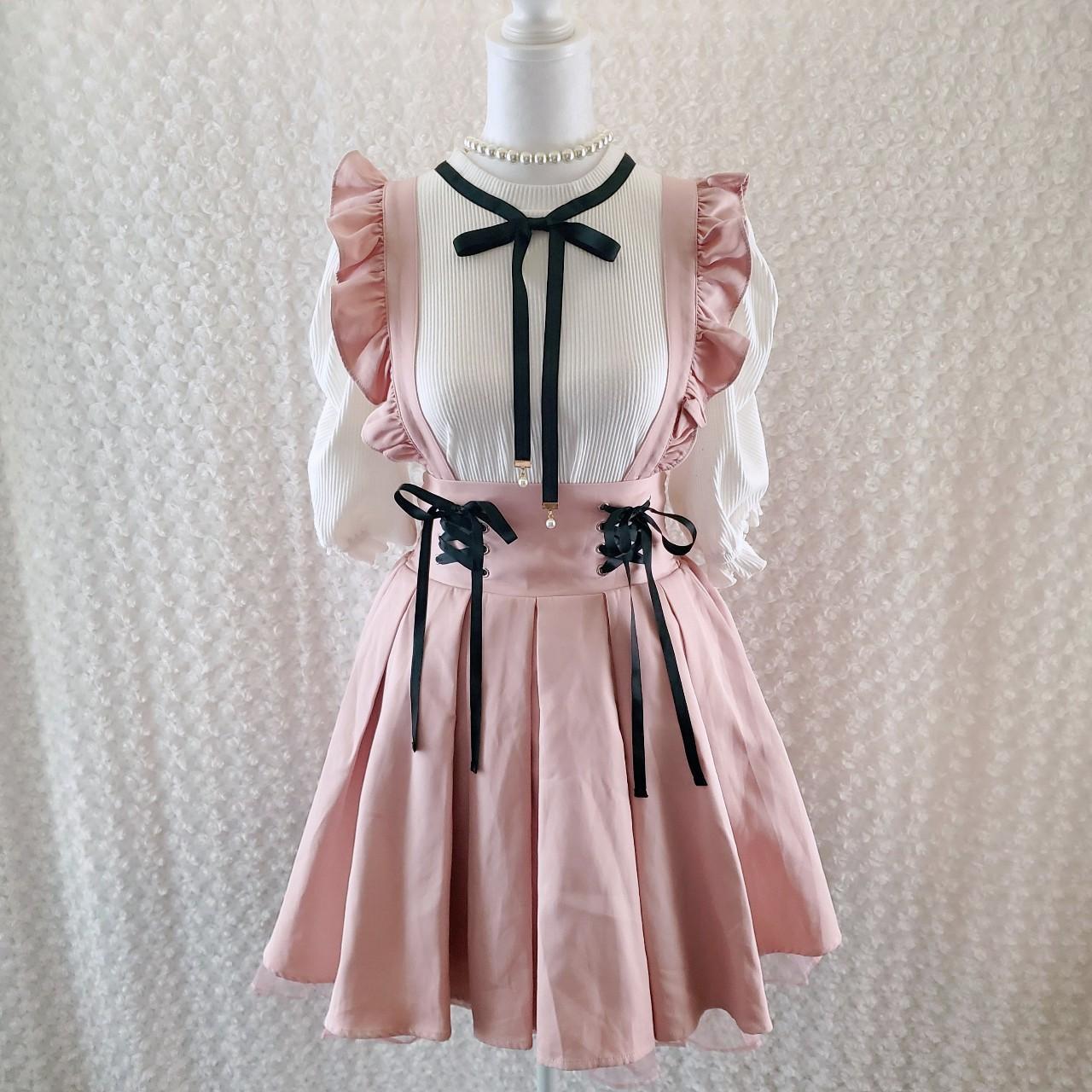 Dusky rose ruffled suspender skirt and blouse set.... - Depop