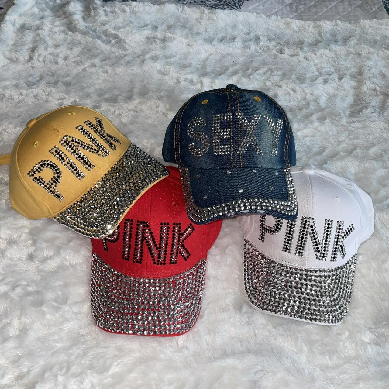 PINK bedazzled caps Four caps/hats in brand new... - Depop