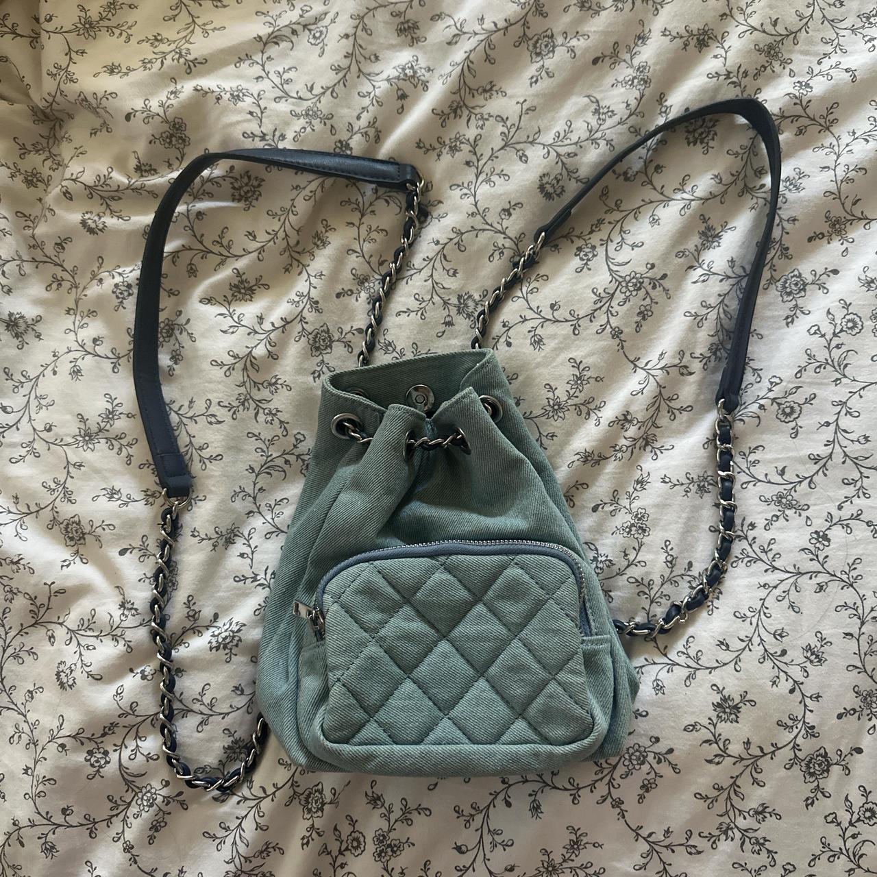 blue denim mini backpack with silver detailing never... | Depop