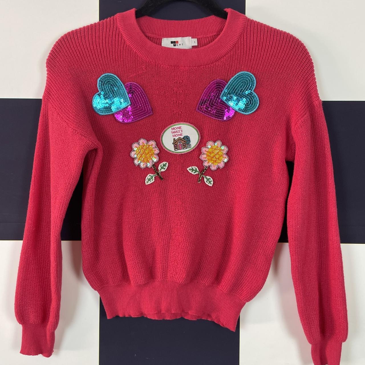 Temt Pink Knit Reworked Patches Jumper Size... - Depop