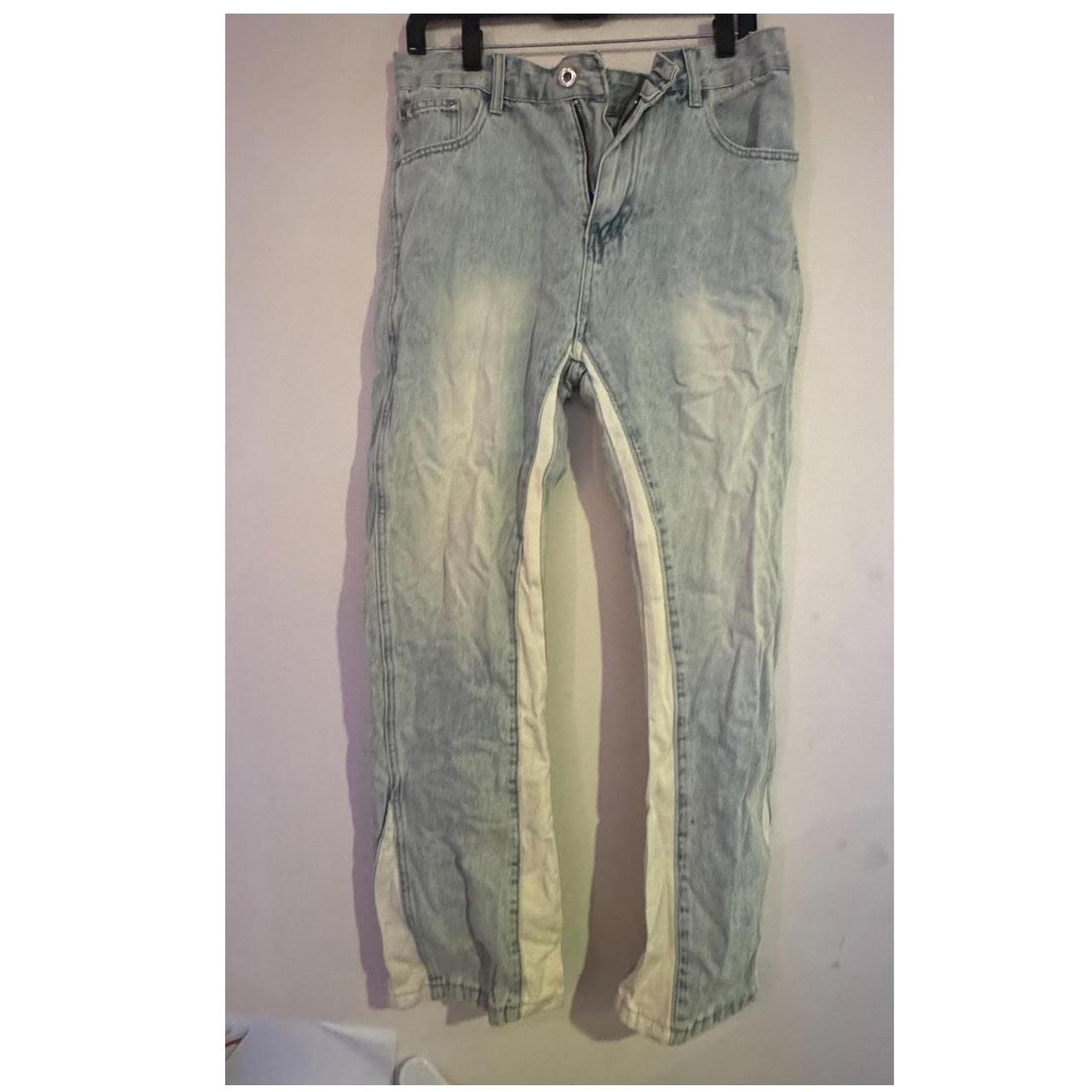 Bright Blue Jeans with a white flare Very nice... - Depop