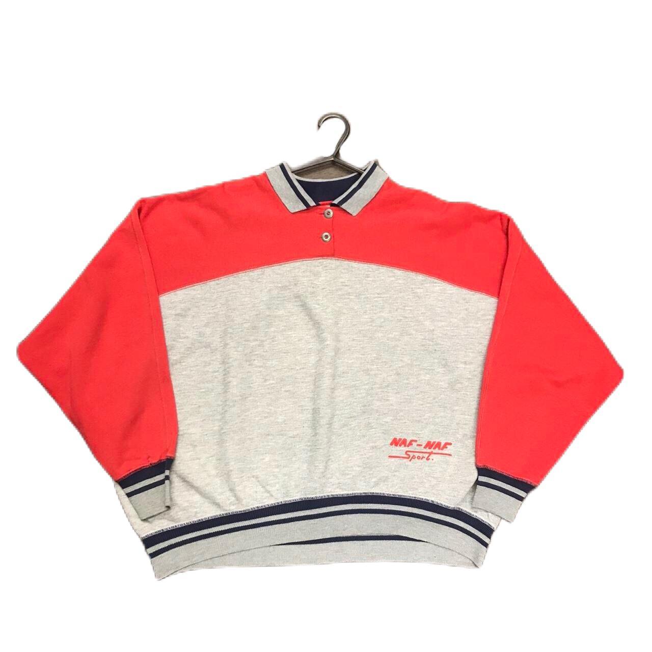 Vintage Grey and Red Naf-Naf Collared Oversized... - Depop