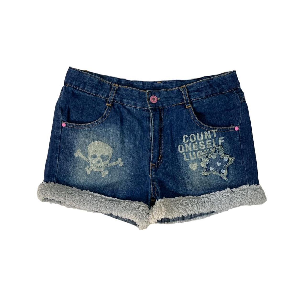 Japanese gyaru skull & star sherpa trim denim shorts... - Depop
