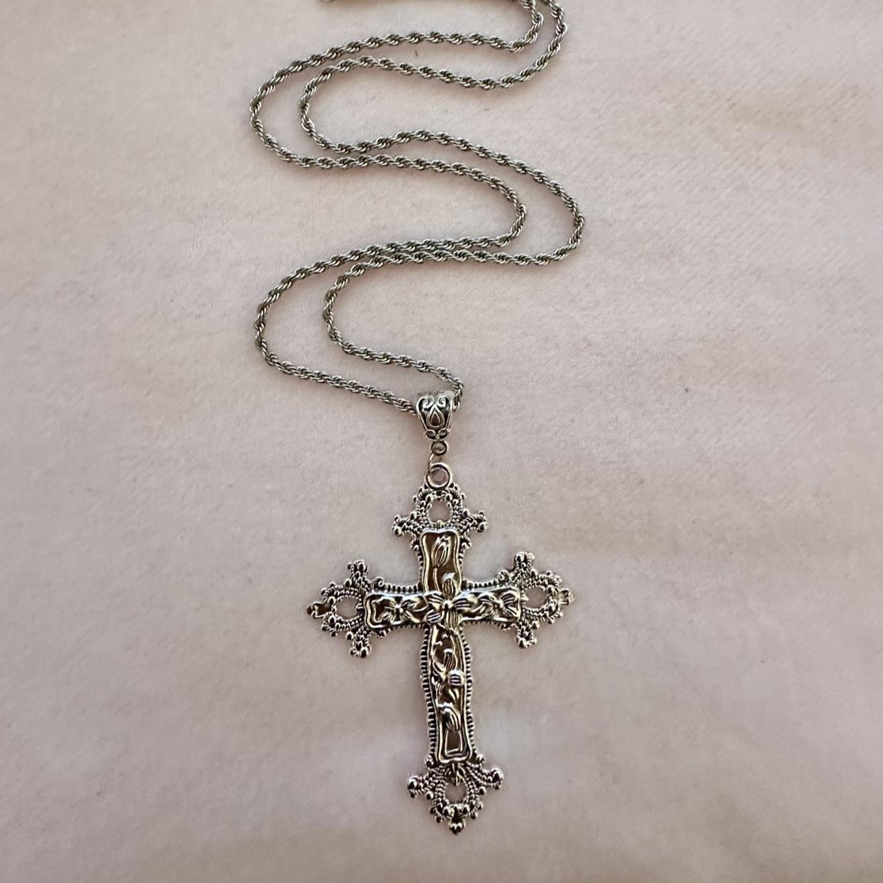 Silver Gothic Cross Necklace Floral Design Big... - Depop