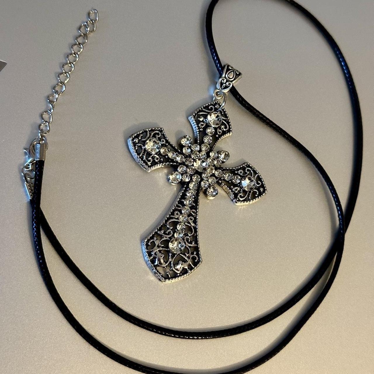 Gothic Cross Necklace Long 60cm Black String Rope... - Depop