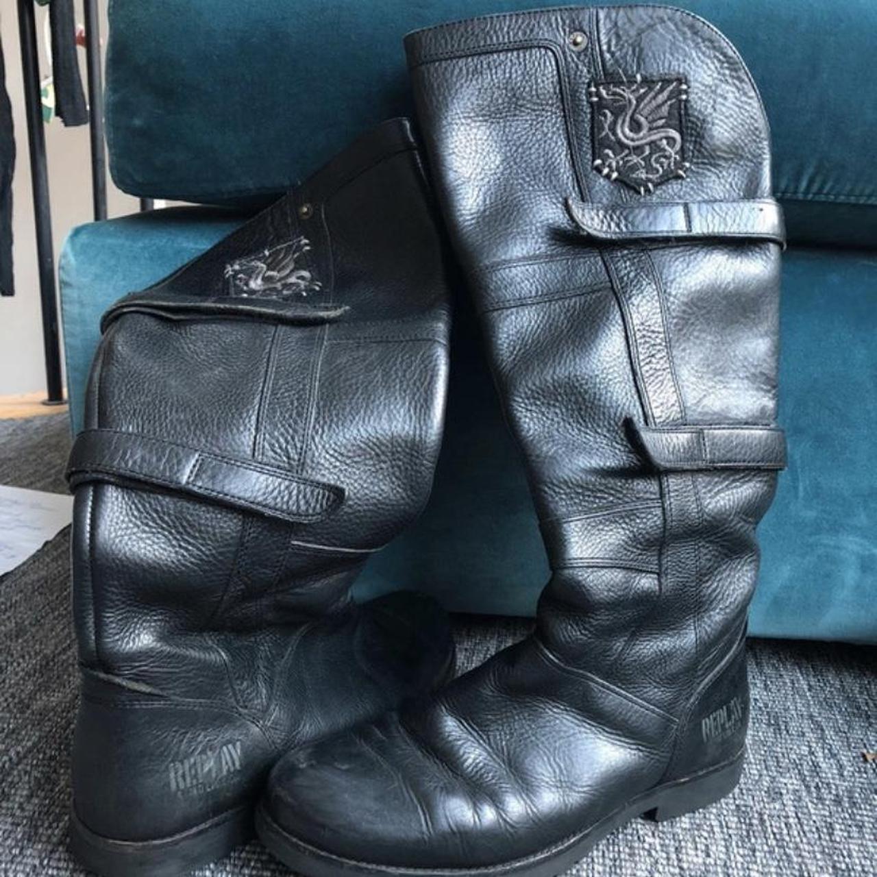 Replay leather boots Dragon detailing embroidery... - Depop