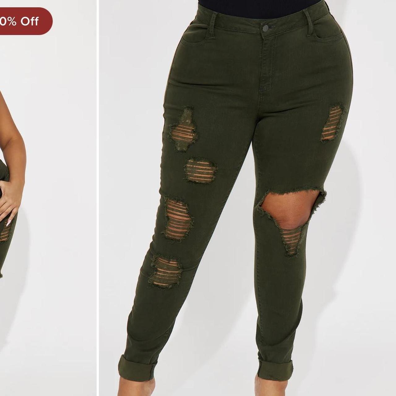 FashionNova olive green glistening ripped jeans, had... - Depop