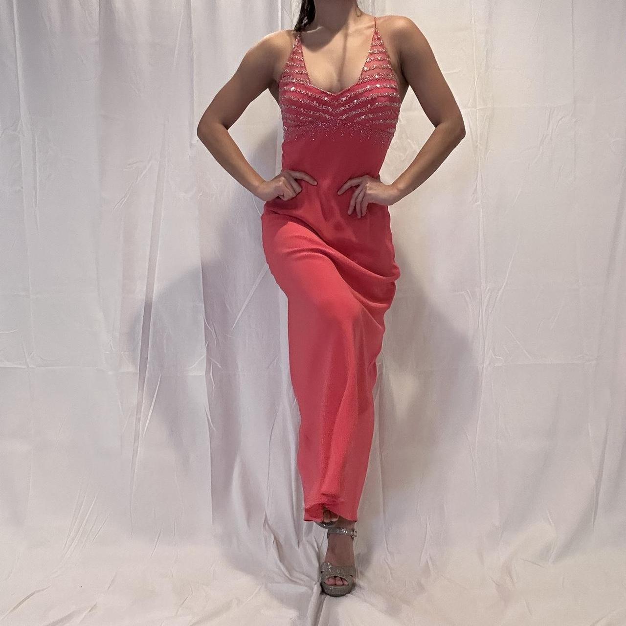 Deep bright pink gown with beaded silver... - Depop