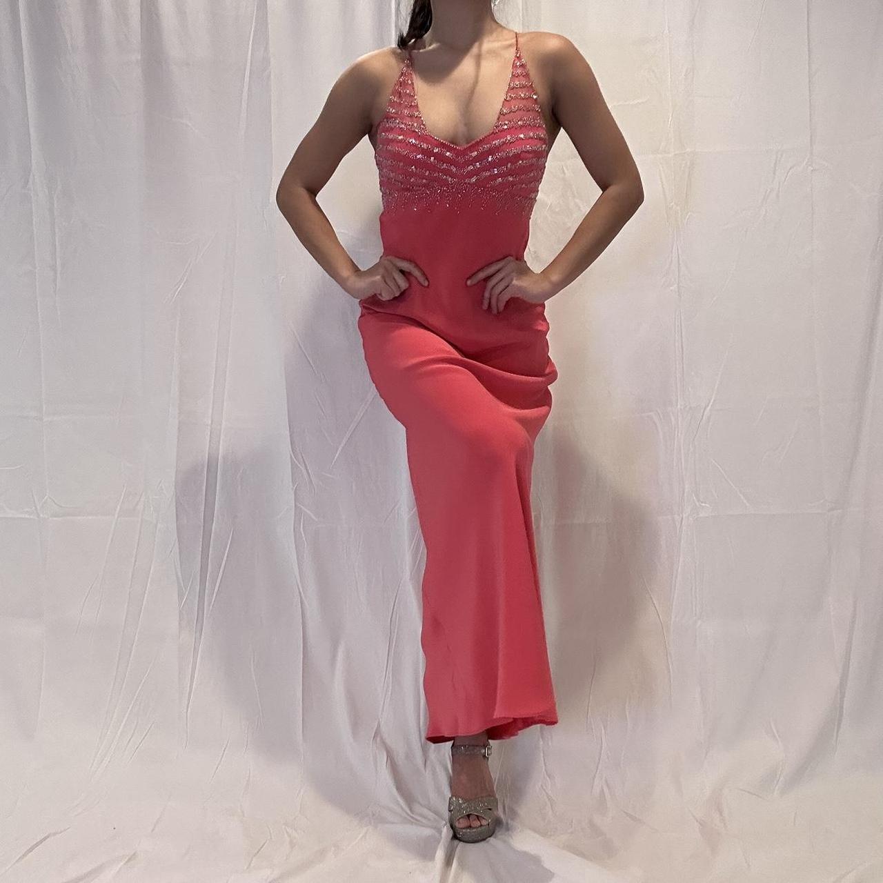 Deep bright pink gown with beaded silver... - Depop