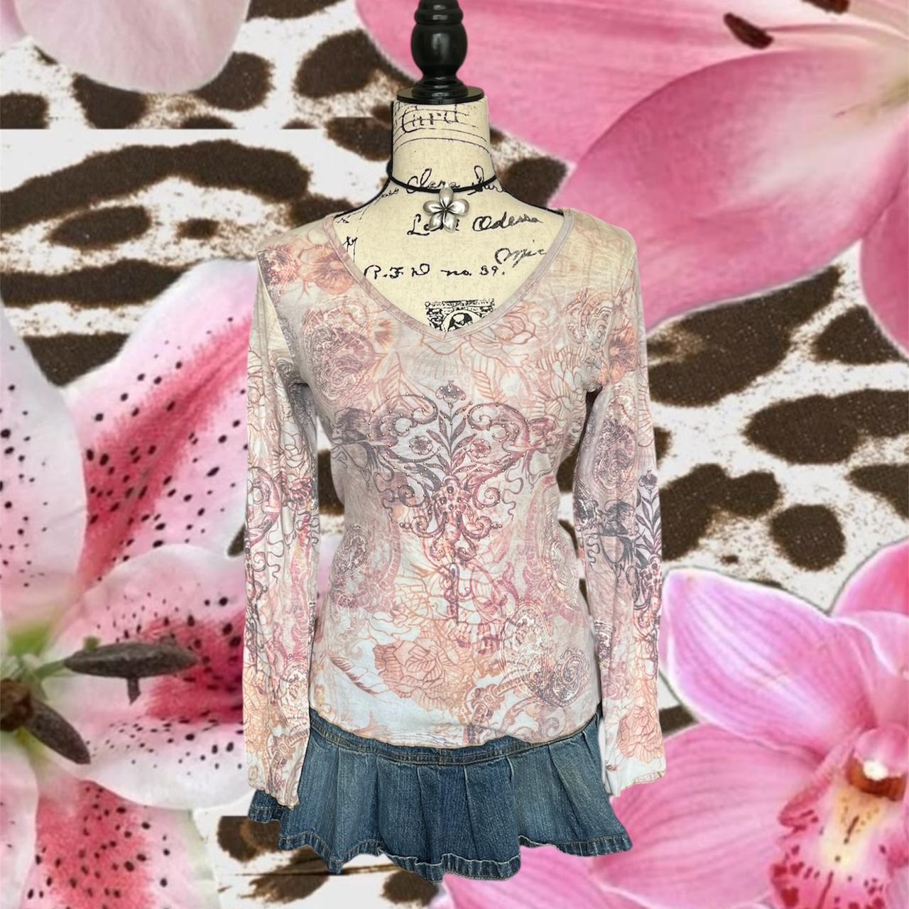 Vintage graphic sparkly print long sleeve with... | Depop