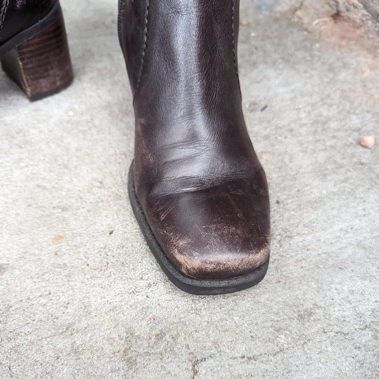 SQUARE TOE DEEP BROWN LEATHER BOOTS 2.5" HEEL 9"... - Depop