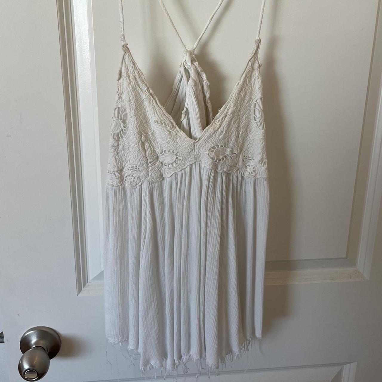 White Lace Spaghetti Strap Tank Top with Fringe... - Depop