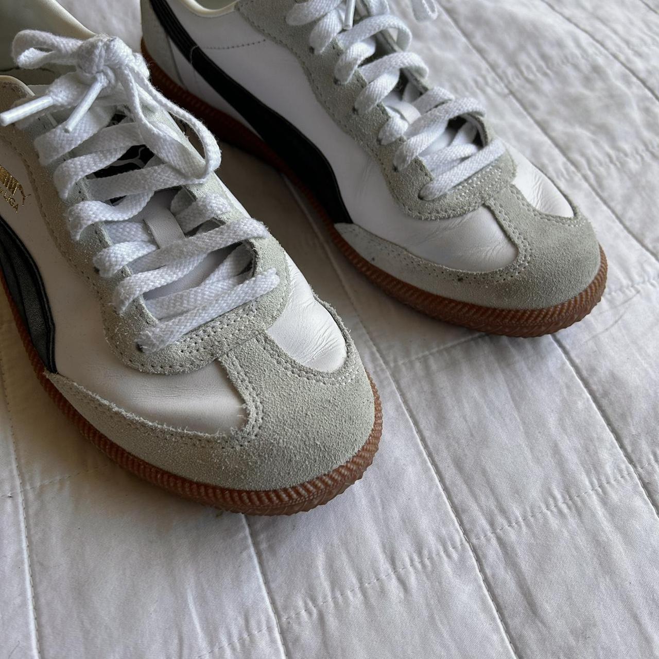 white, black, and grey Puma sneakers! size: 9 in... - Depop