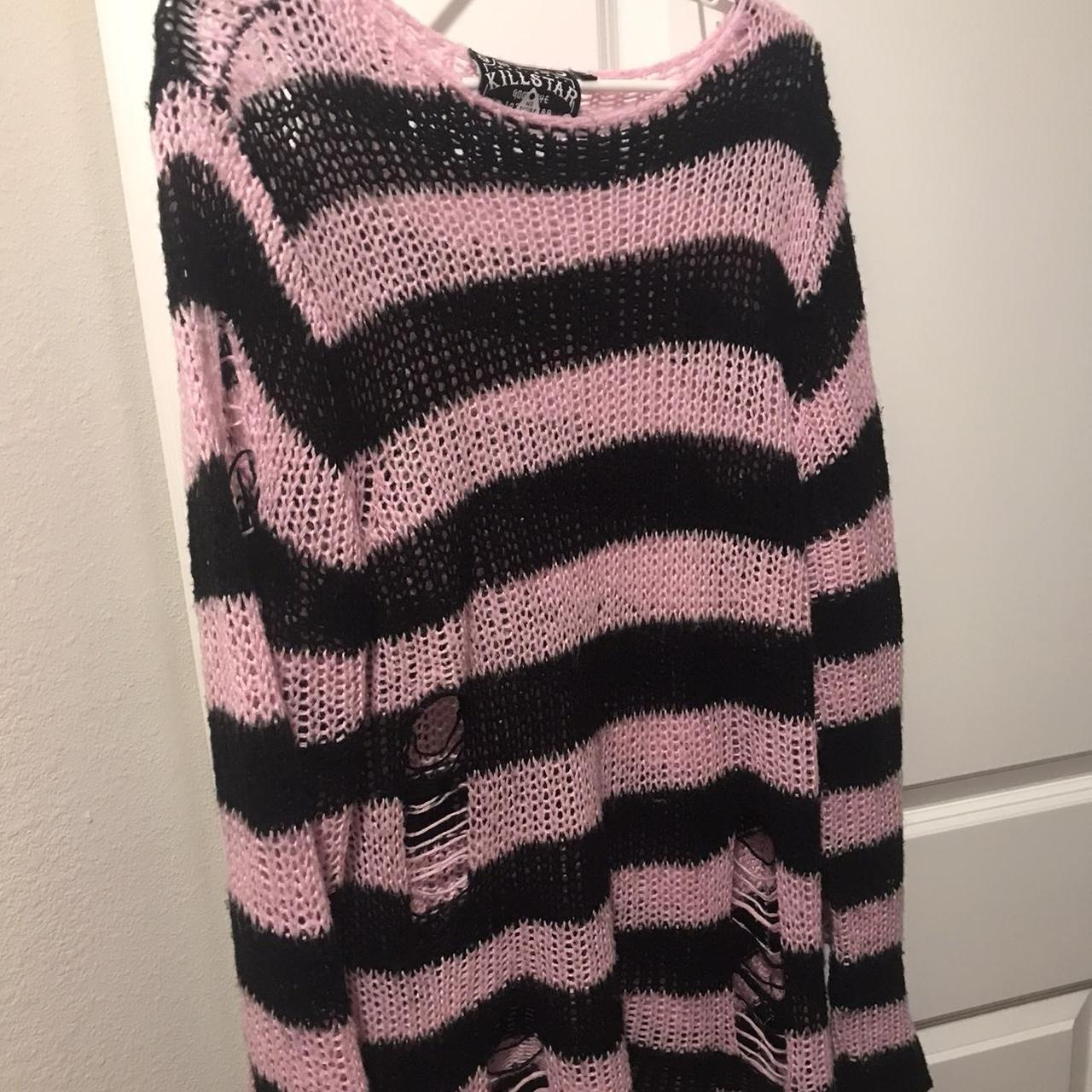 killstar, pink and black distressed striped knit... - Depop
