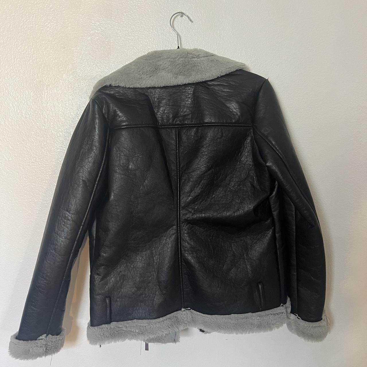 Thrifted leather jacket with light blue fur... - Depop