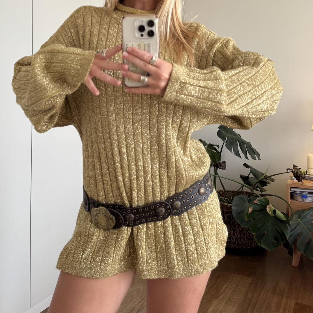 Funky Vintage gold threaded high neck sweater/dress... | Depop