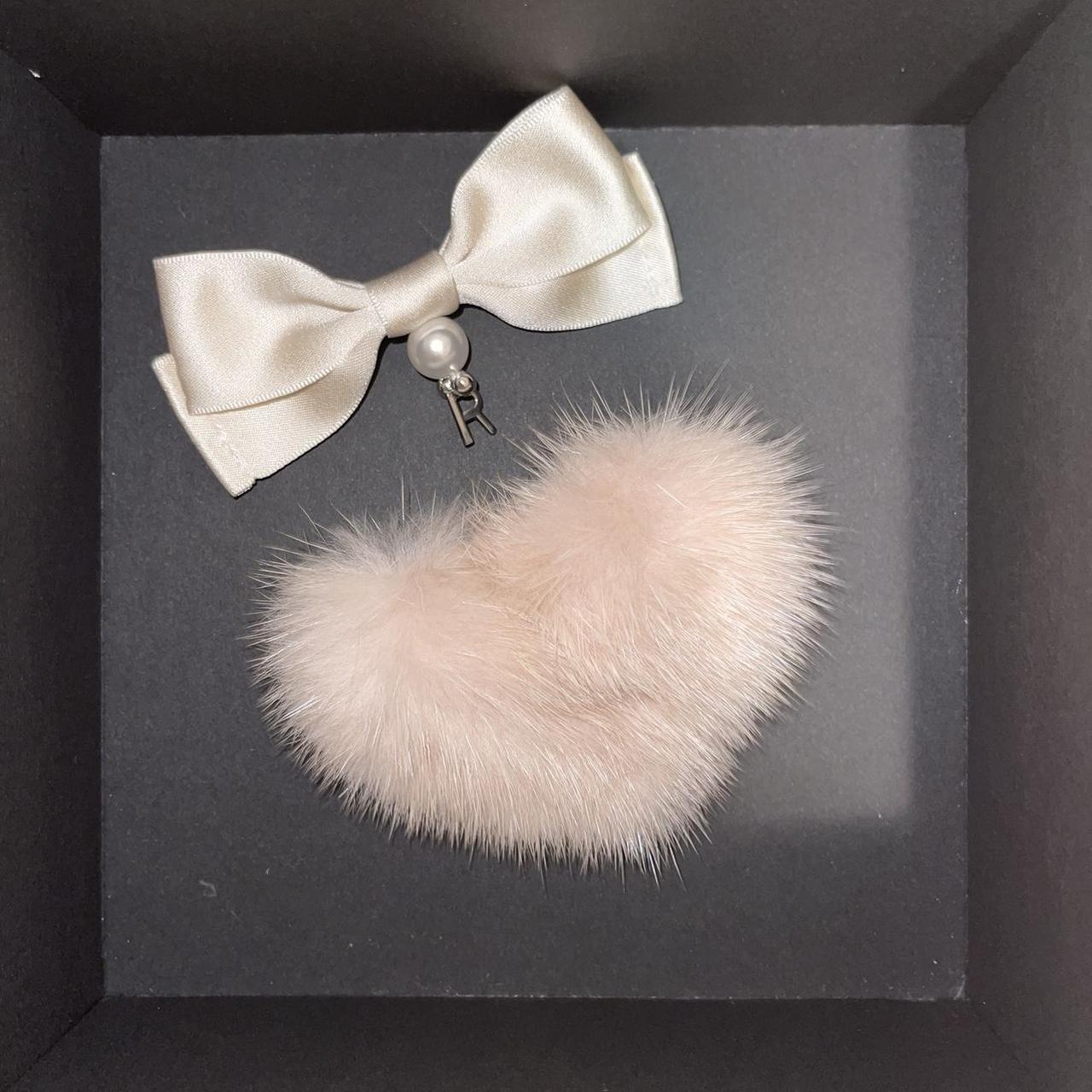 Rene Japan Real pink mink heart bow ribbon brooch... | Depop