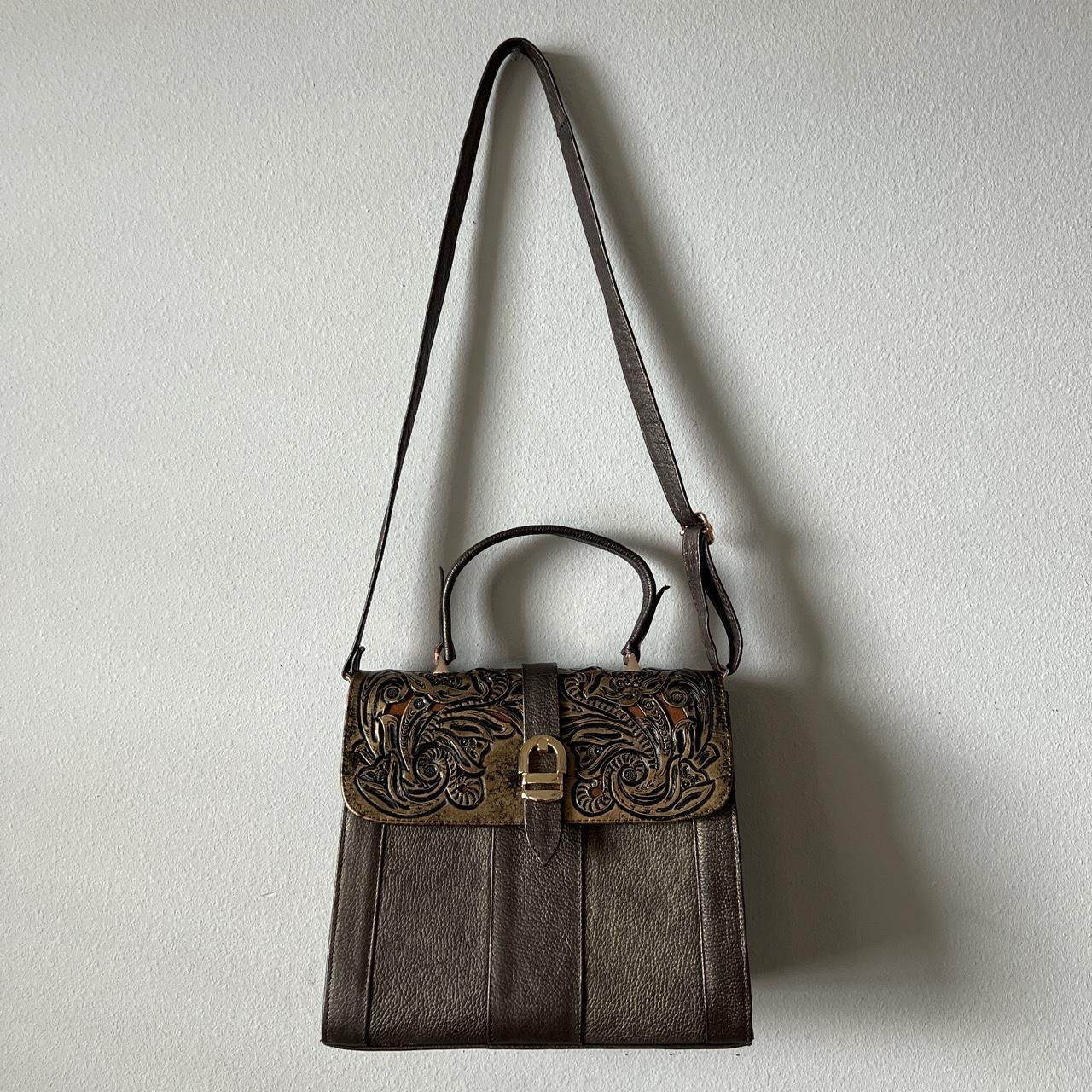 Sturdy brown leather satchel purse. Cool worn... - Depop