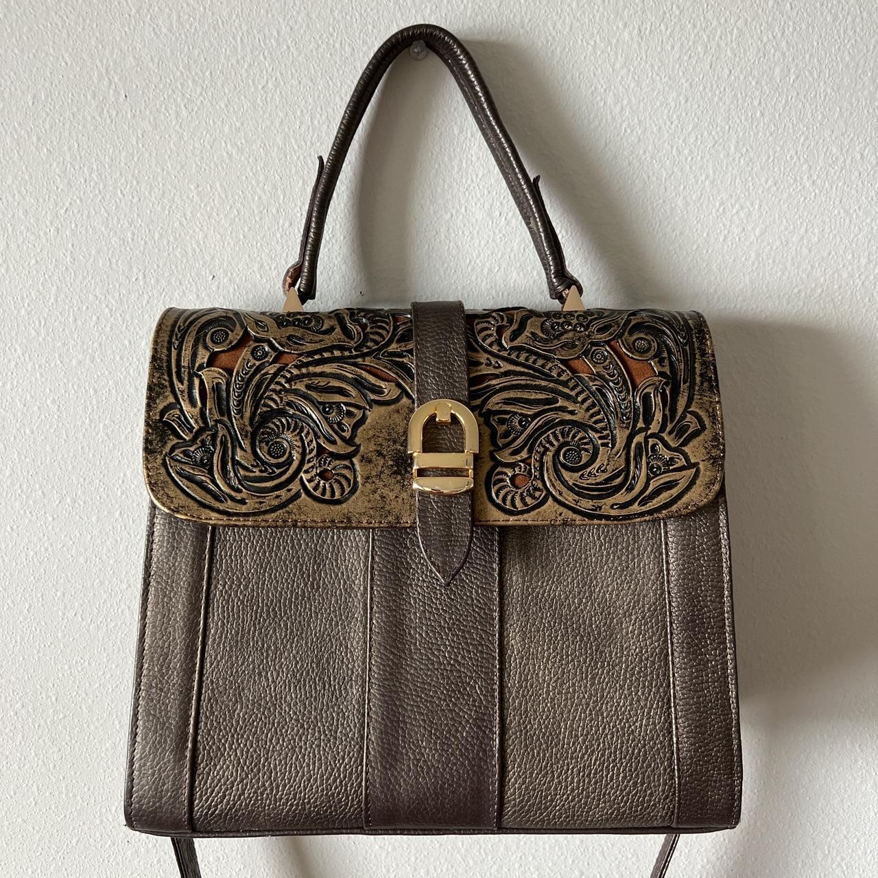 Sturdy brown leather satchel purse. Cool worn... - Depop