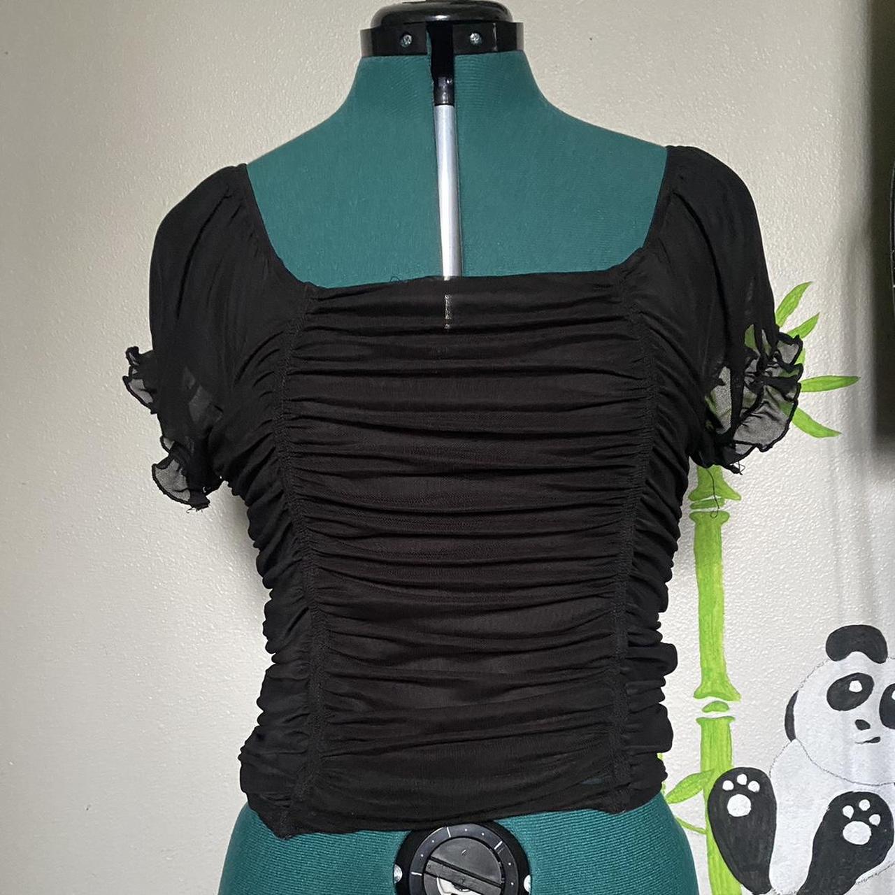Black mesh ruffle top with a square neckline and... - Depop