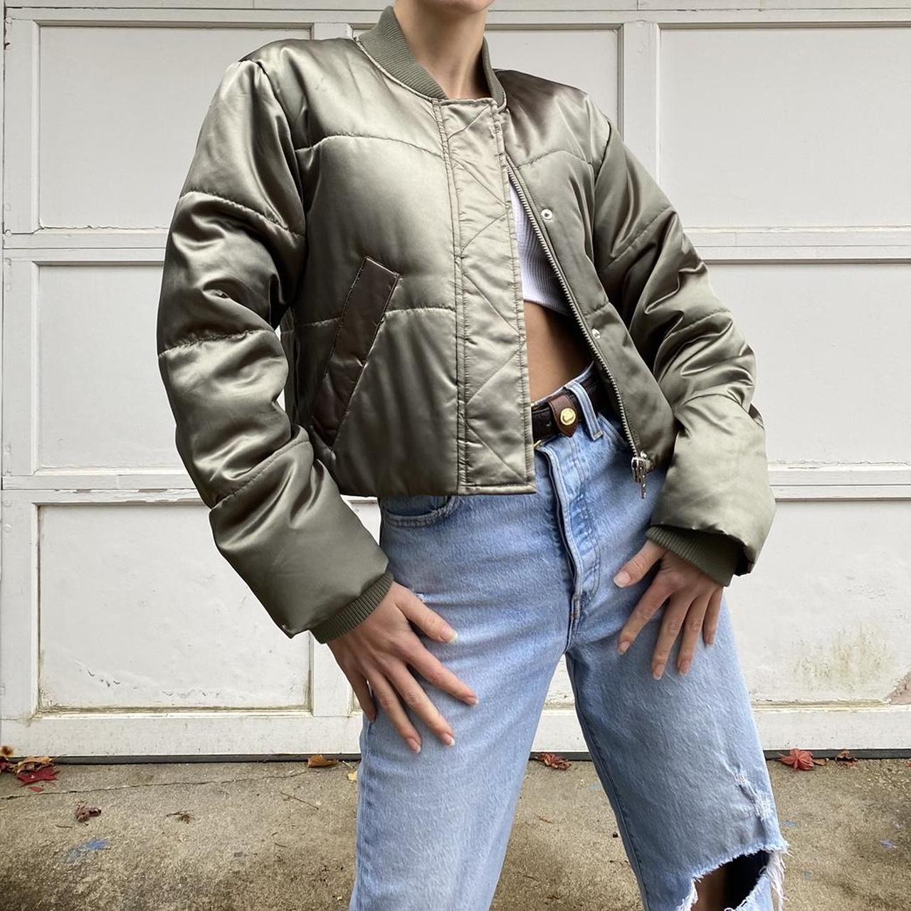 satin green puffer jacket ~ FREE SHIPPING cropped... - Depop