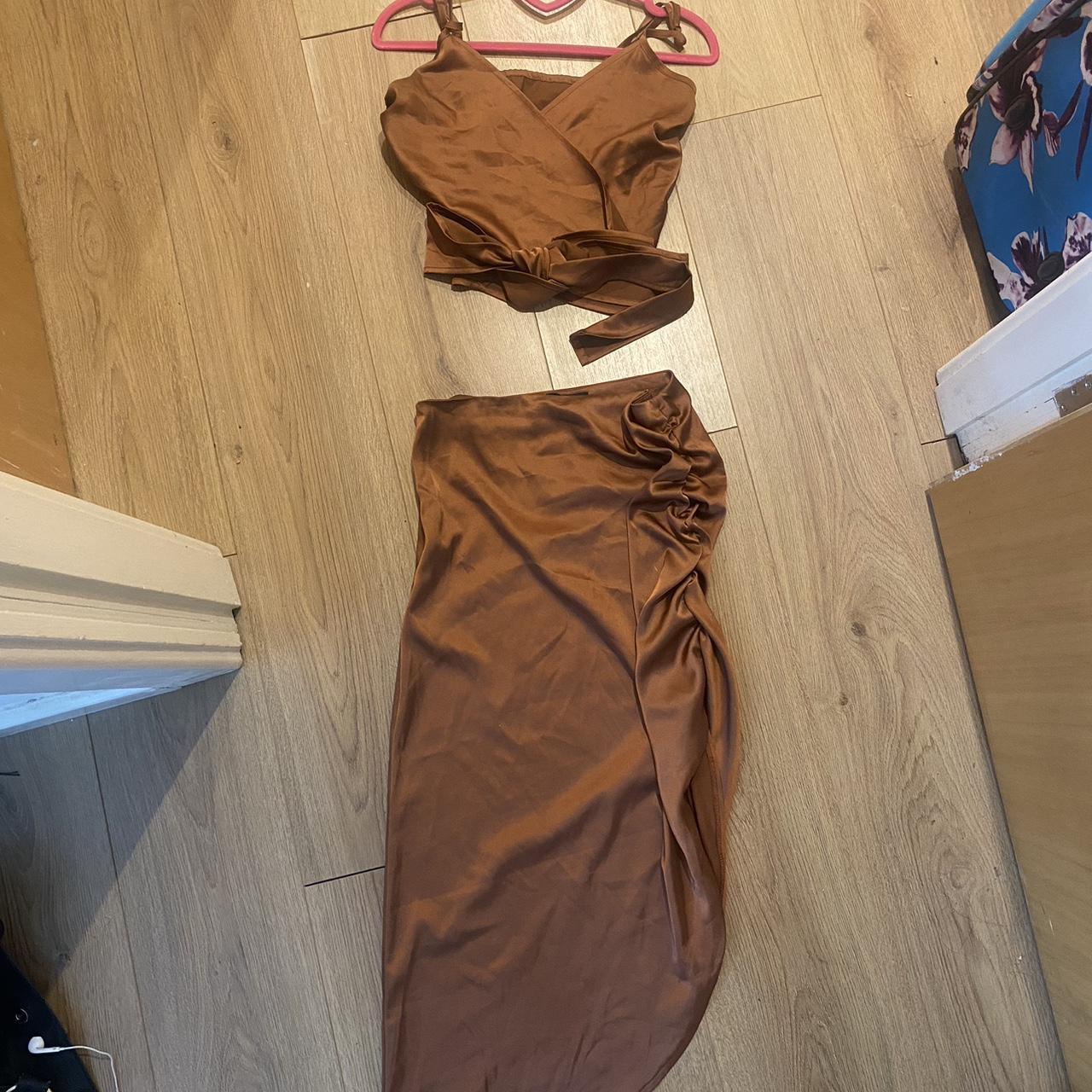 Cider brown satin two piece. Tie wrap crop top with... - Depop