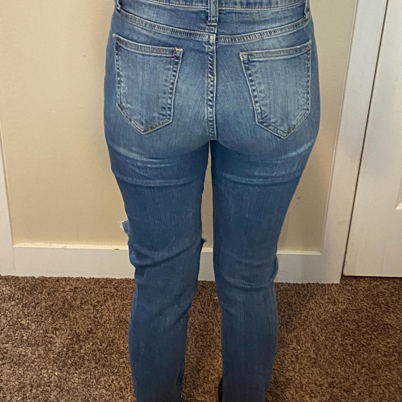 Distressed high waisted blue jeans, and they're in... - Depop