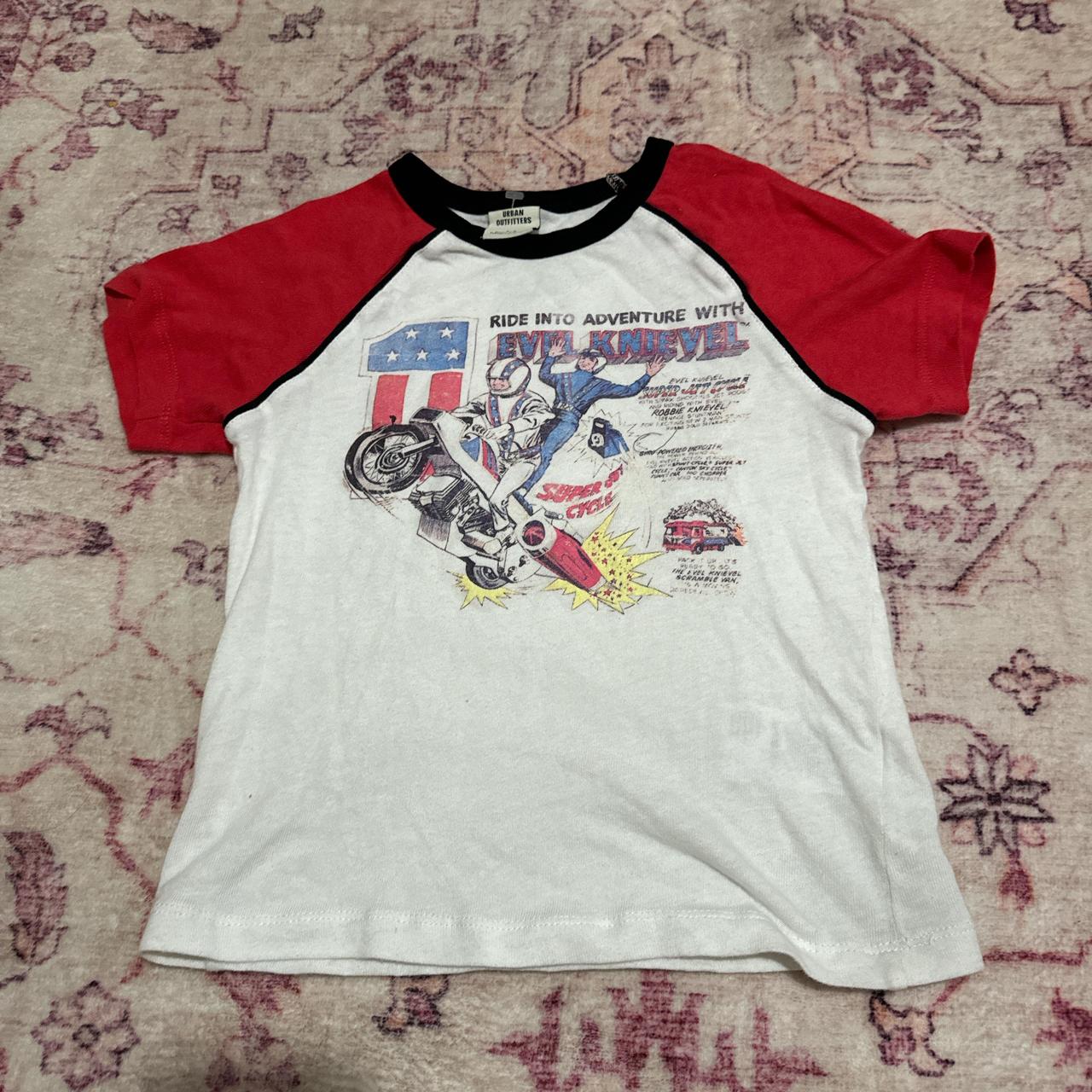 80s vintage red and white evil knievel graphic tee - Depop
