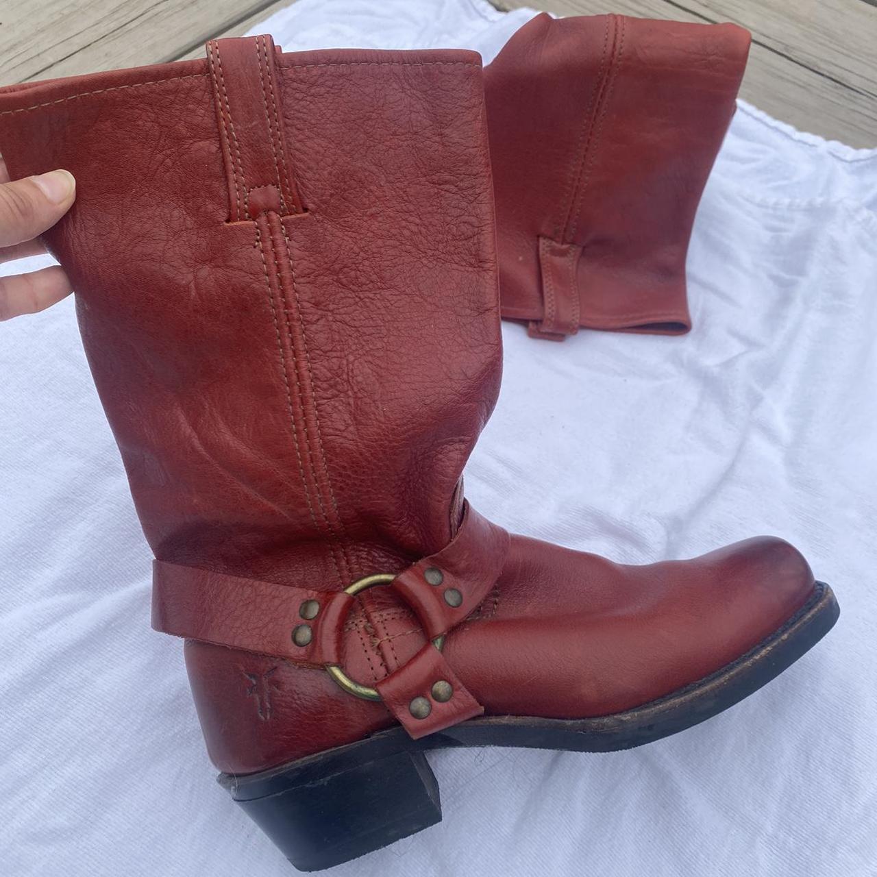 Amazing burnt red FRYE harness boots ! No size tag... - Depop