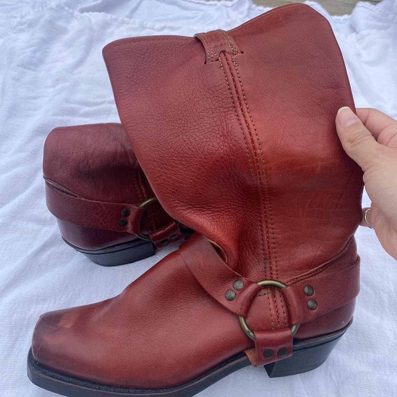 Amazing burnt red FRYE harness boots ! No size tag... - Depop