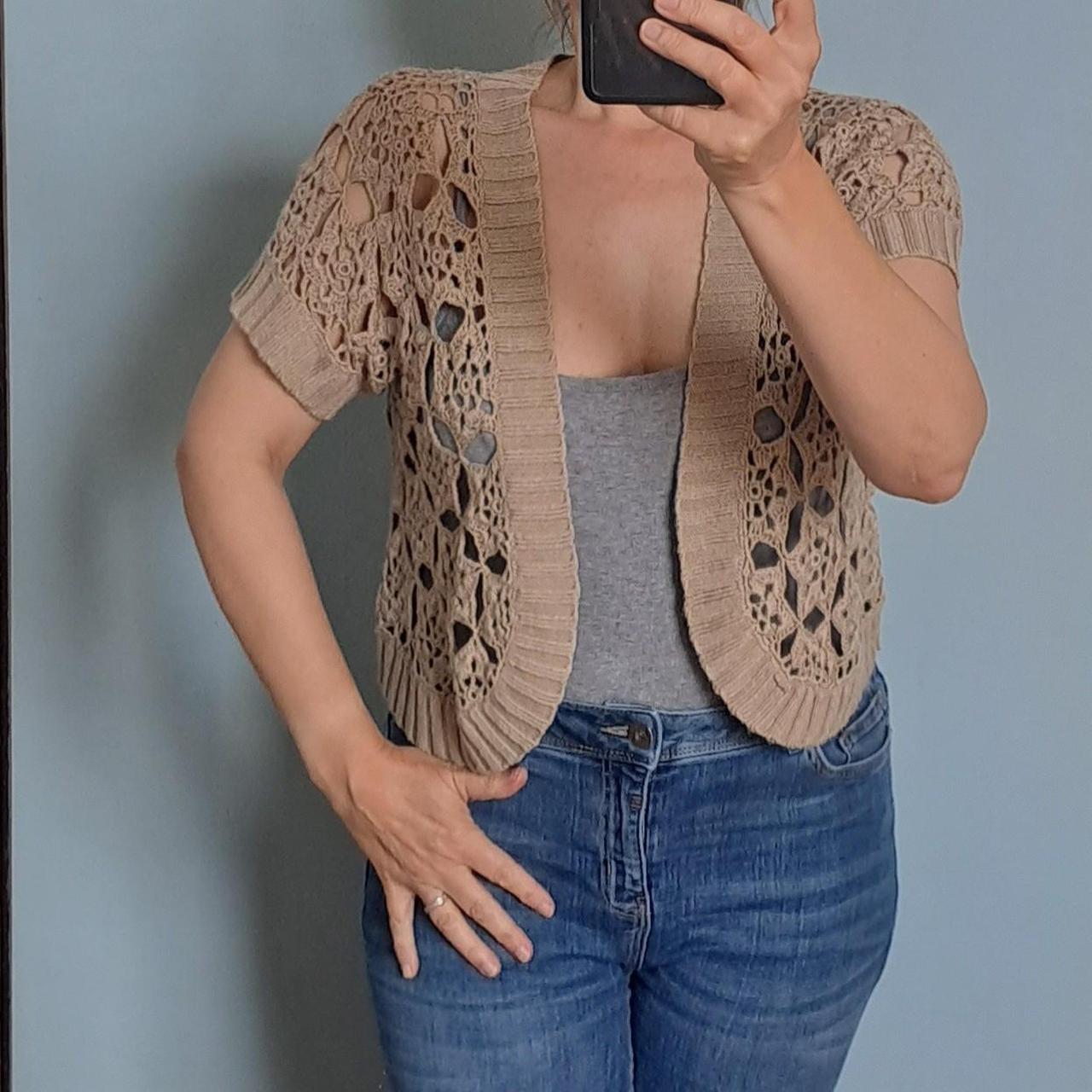 00s crochet taupe cropped bolero style cardigan by... - Depop