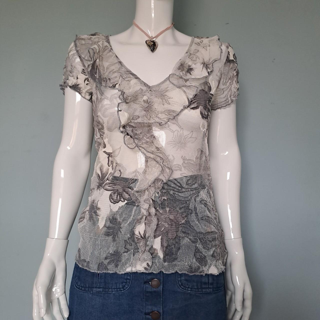 00s Per Una sheer mesh ruffle blouse. Bold floral... - Depop