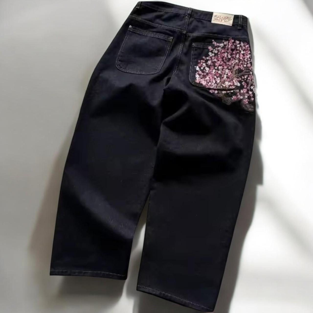 black denim jeans with cherry blossom tree... | Depop