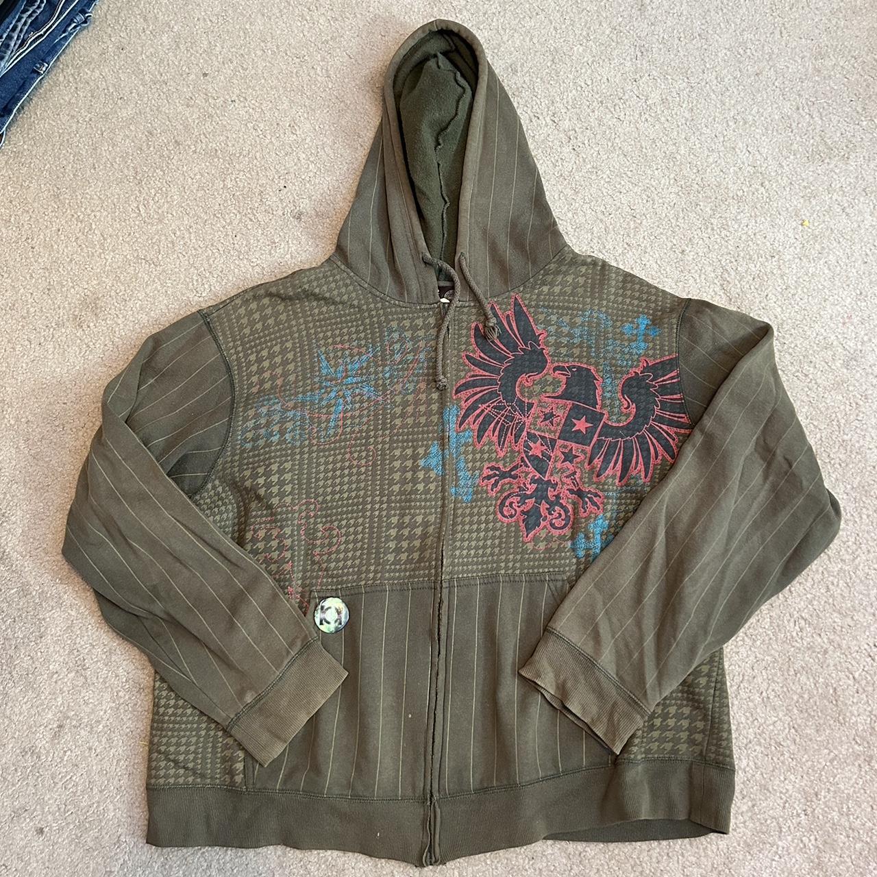 Y2K forest green all over print zip up hoodie No... - Depop