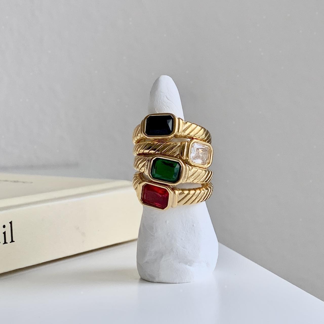 Gold stripe pattern ring with shiny CLEAR cubic... - Depop